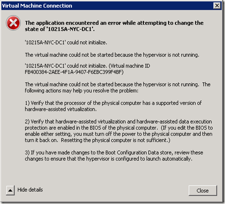 Application encountered an error when starting a VM in Hyper-V